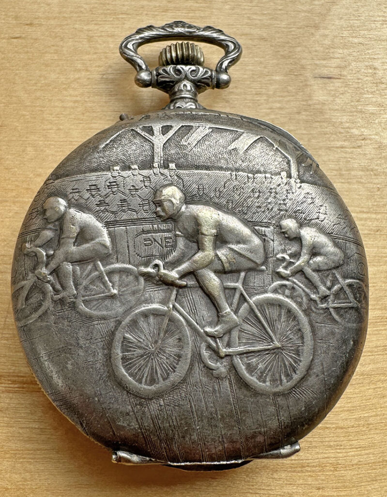 1900s Pocket watch with engraved cycle racing scene (WW1 inscription ...