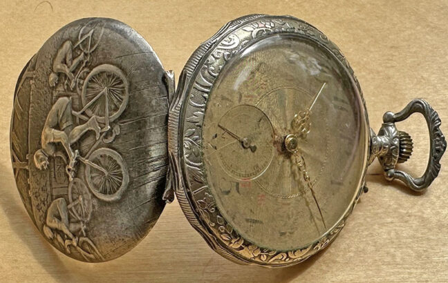 1900s Pocket watch with engraved cycle racing scene (WW1 inscription ...